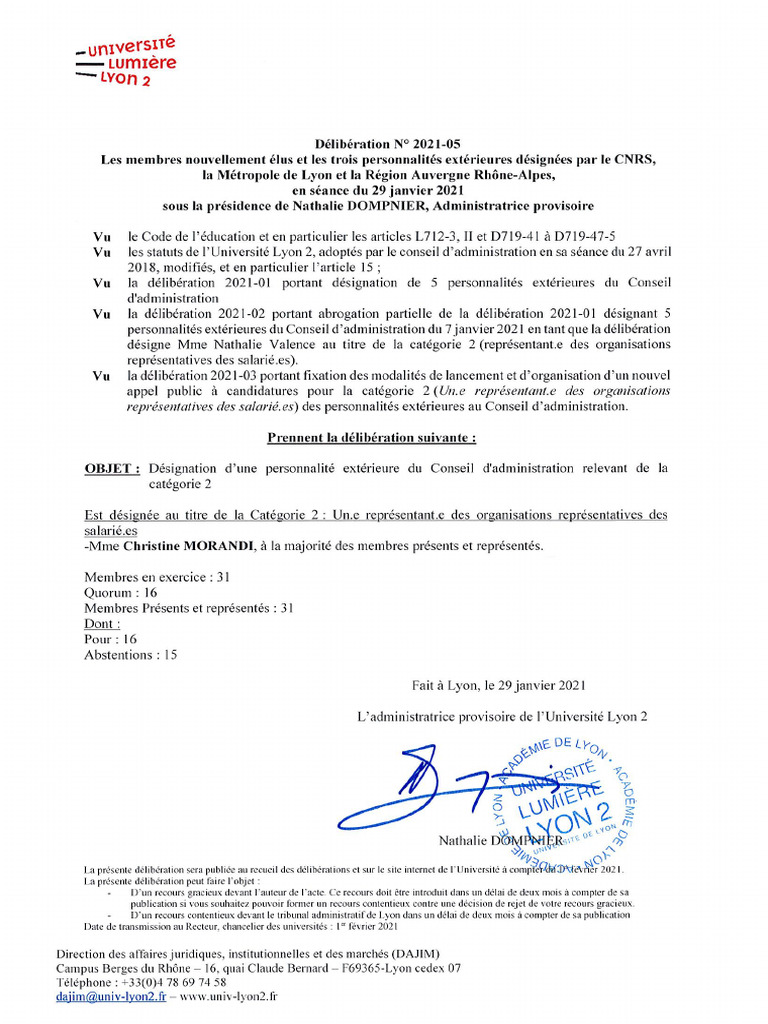 Délibération 2021-05 désignation d'une personnalité extérieure du CA ...
