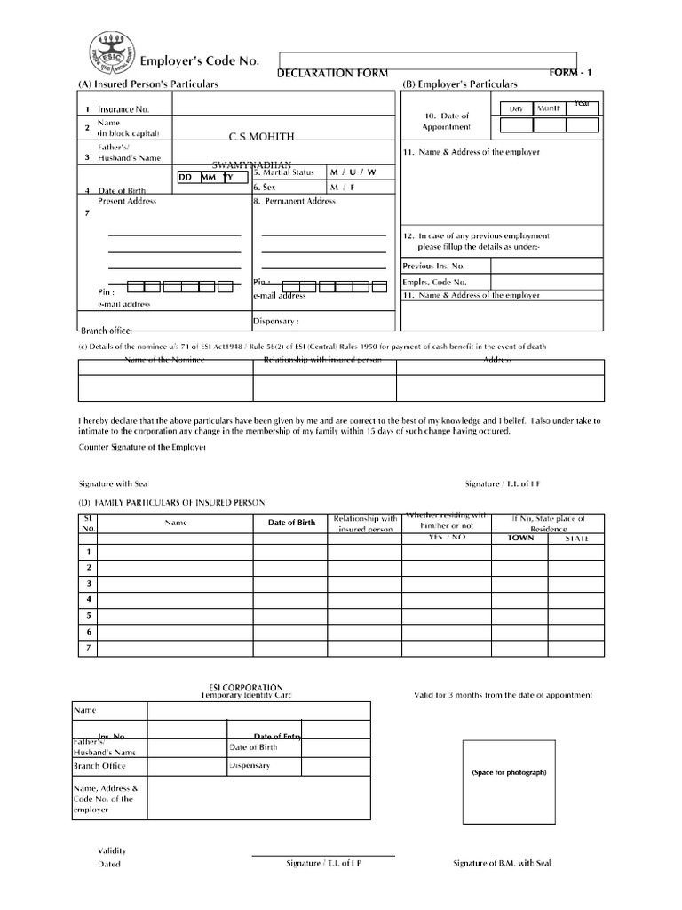 ESIC - Form 1 | PDF