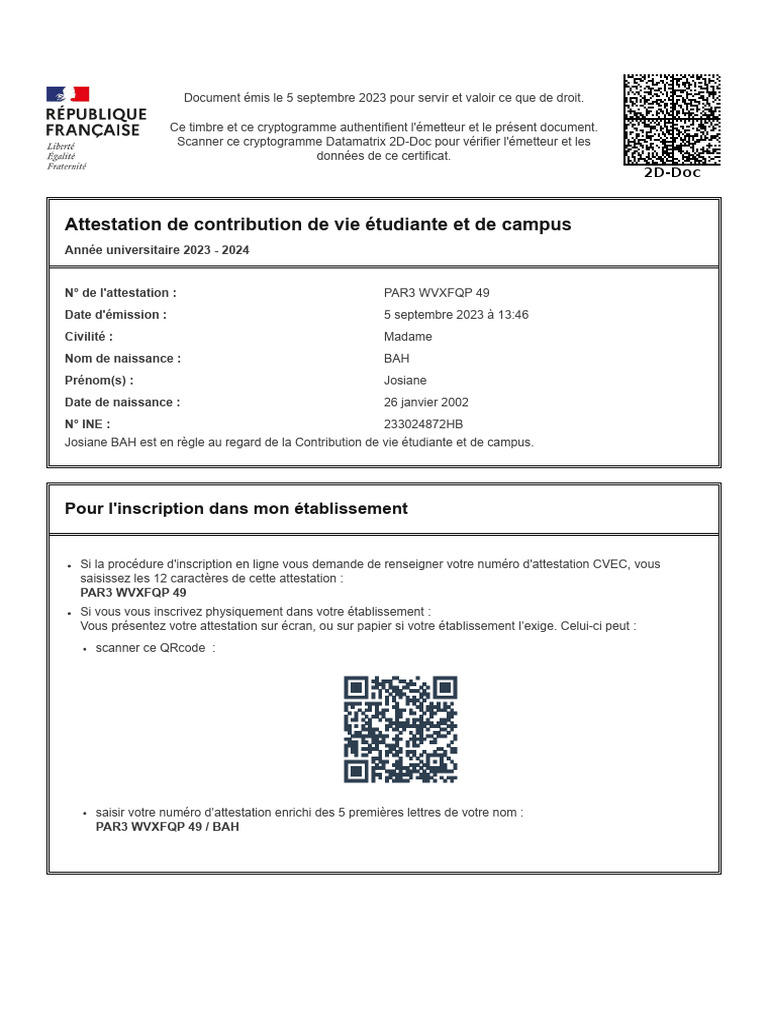 Attestation CVEC 2023-2024 de Josiane BAH | PDF