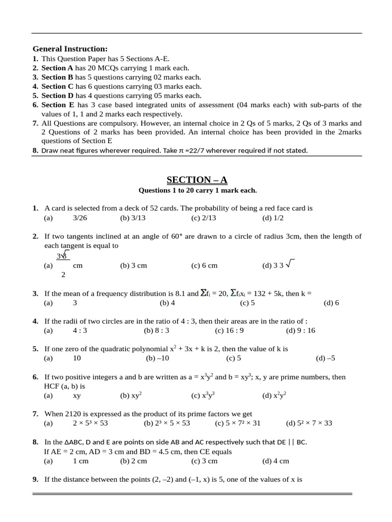 Maths Class x Sample Paper Test 03 for Board Exam 2024 1 | PDF | Circle ...