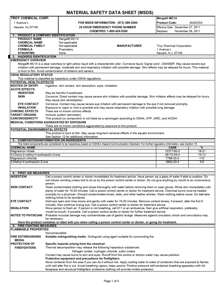 Mergal® MC14 MSDS Overview | PDF | Toxicity | Hazards