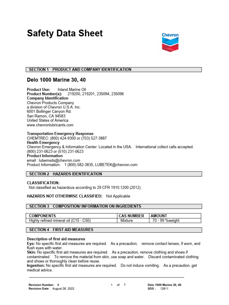 Delo 1000 Marine 30 | PDF | Personal Protective Equipment | Toxicity