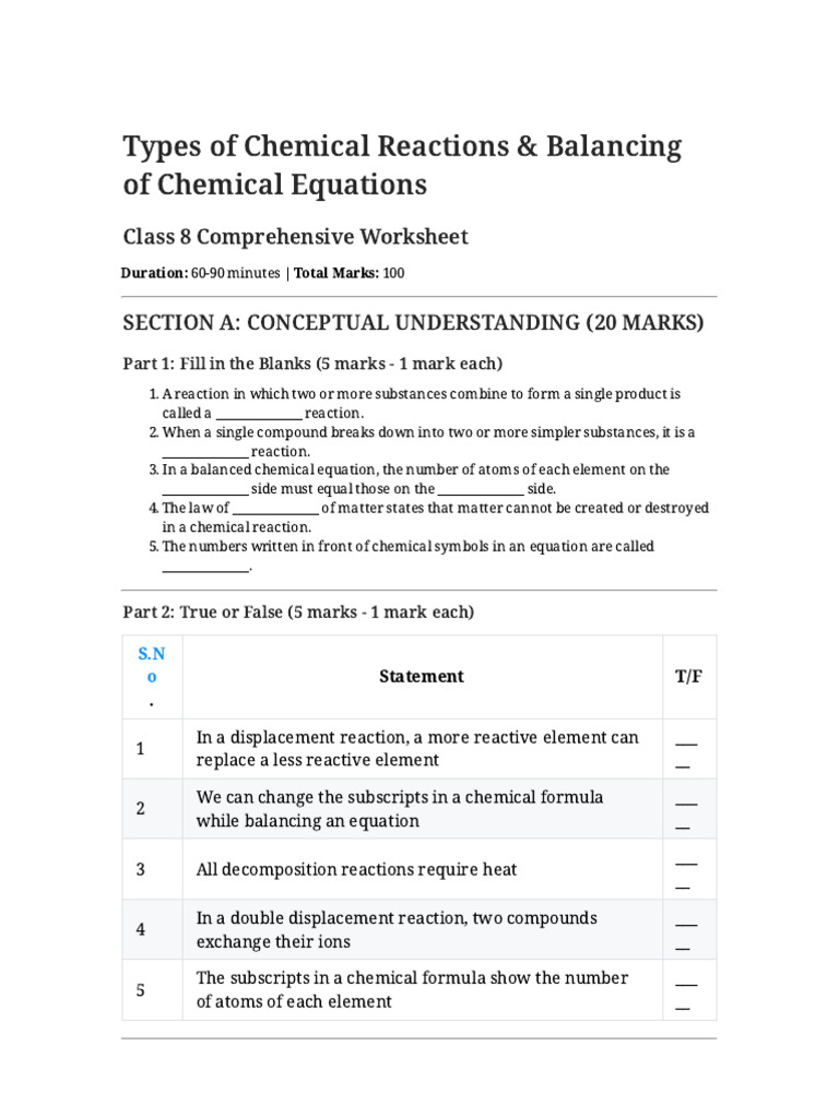 Class 8 Chemical Reactions Worksheet | PDF | Chemical Reactions ...