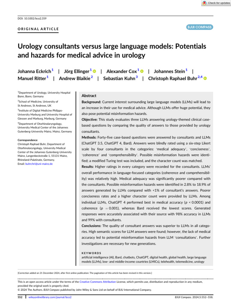 Urology Consultants Versus Large Language Models Potentials and Hazards ...