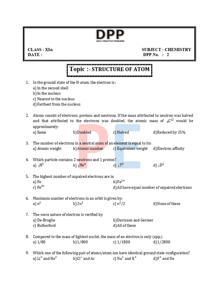 Structure of Atom DPP 2 | PDF | Atoms | Atomic Nucleus