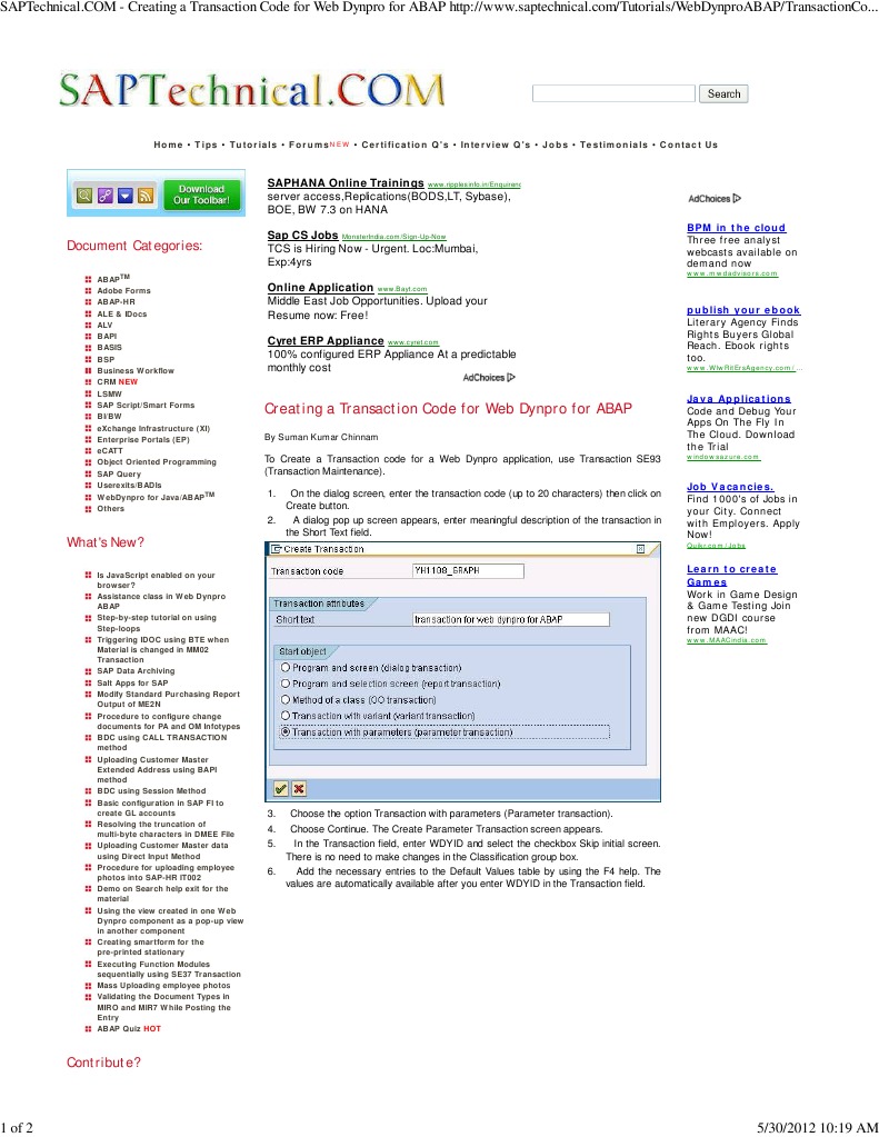 Creating A Transaction Code For Web Dynpro For Abap Pdf Sap Se
