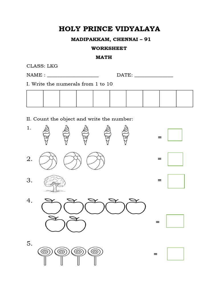 LKG Math Worksheet for Holy Prince Vidyalaya | PDF