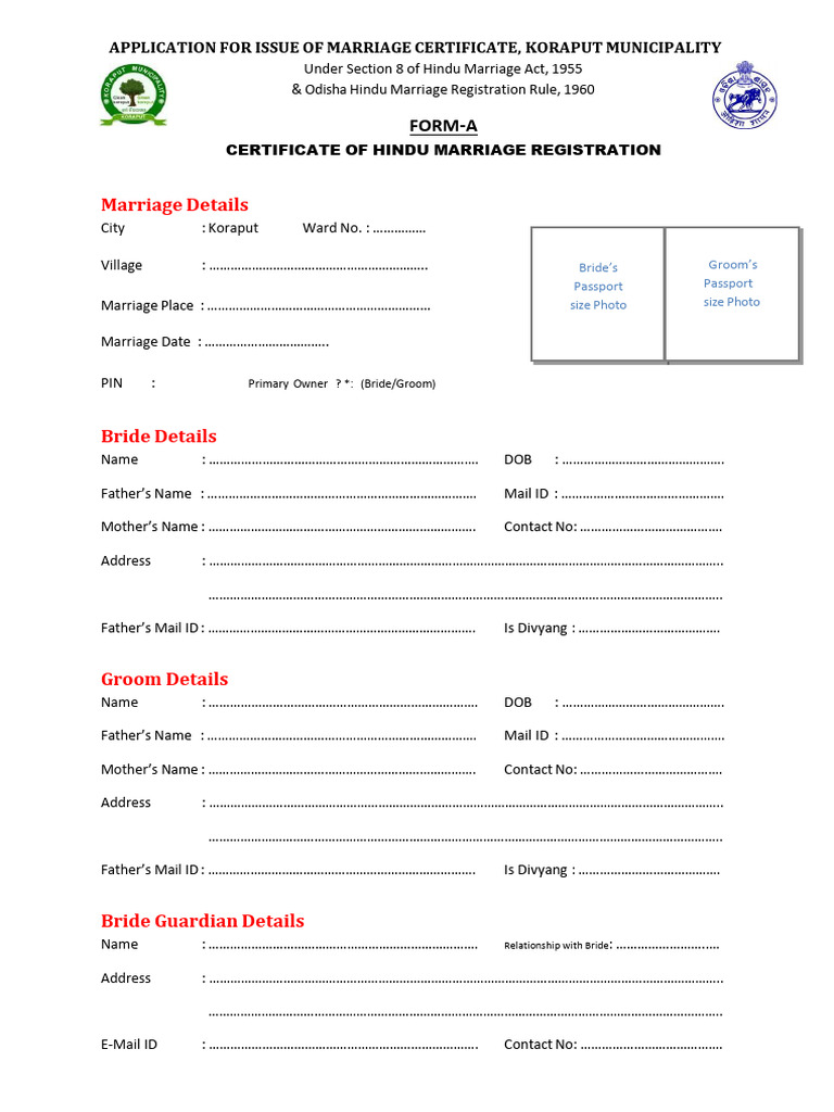 Marriage Certificate Application Form Koraput | PDF | Identity Document ...