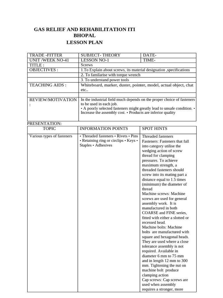 Fitter Trade Lesson Plans on Fasteners | PDF | Screw | Nut (Hardware)