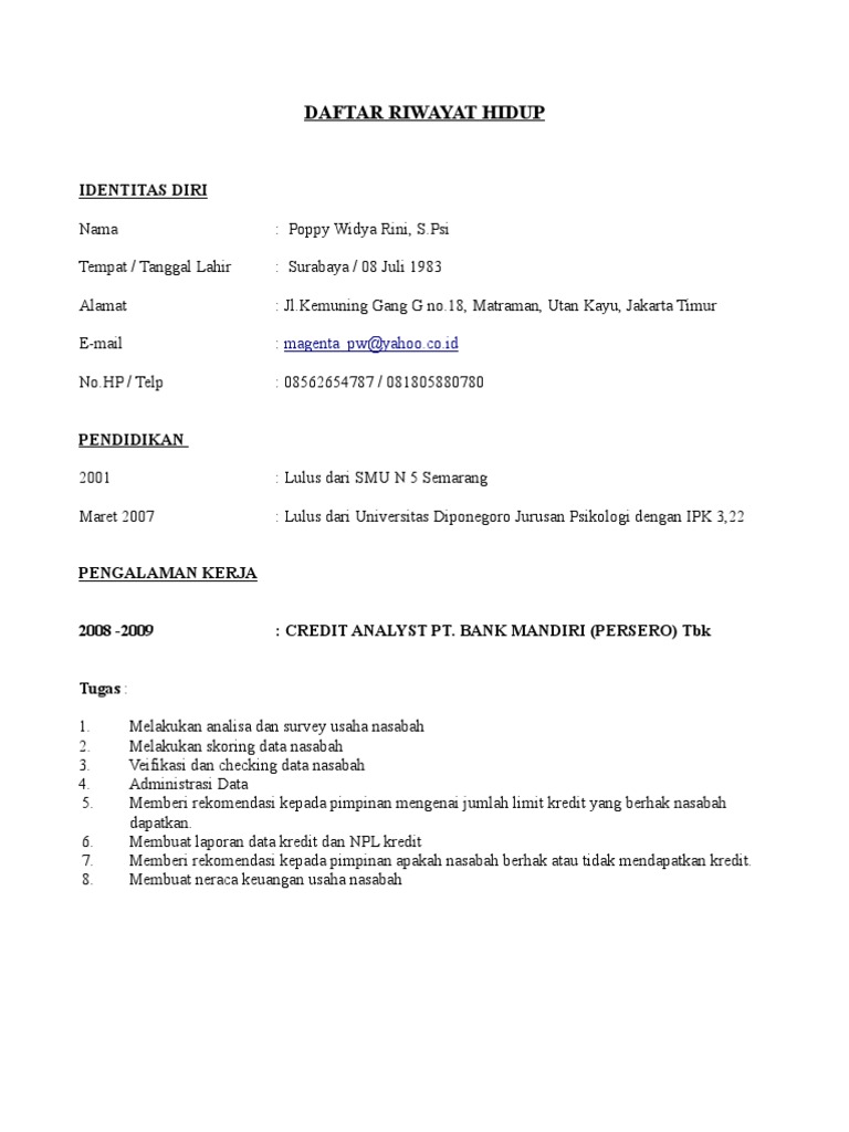 CV Poppy Widya Rini, S.Psi | PDF