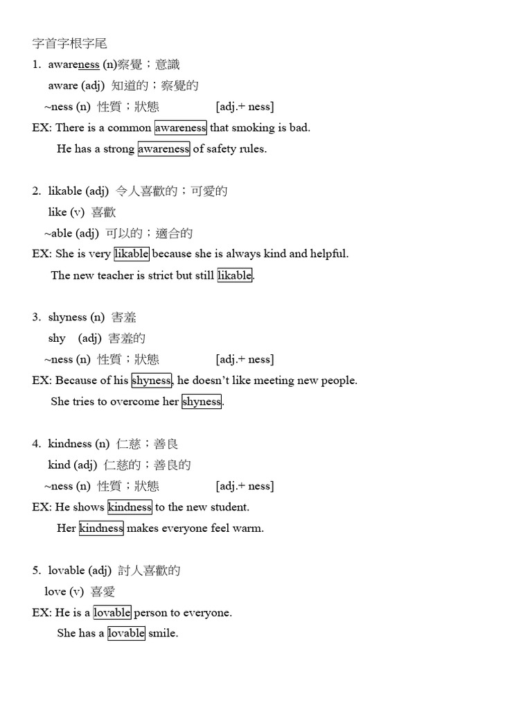 Word Formation: Suffixes -ness & -able | PDF