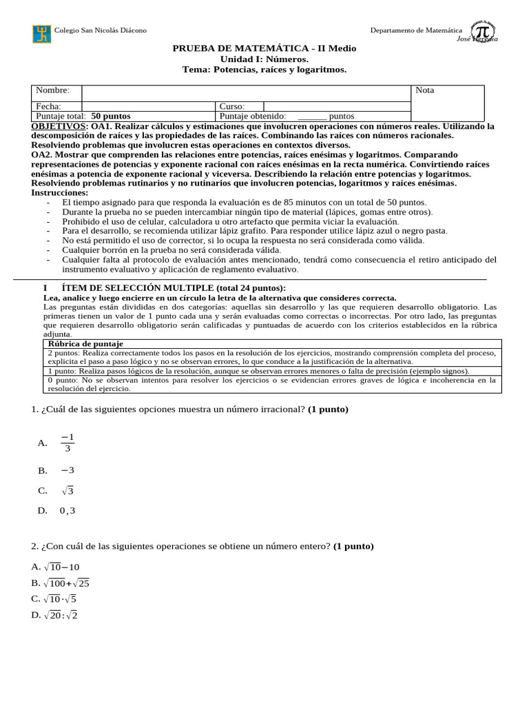 II° medio PRUEBA U1 | PDF | Ph | Logaritmo
