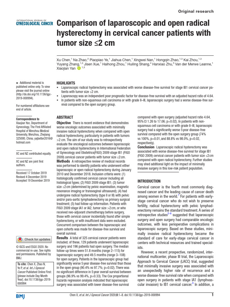 Comparison of Laparoscopic and Open Radical Hysterectomy in Cervical ...
