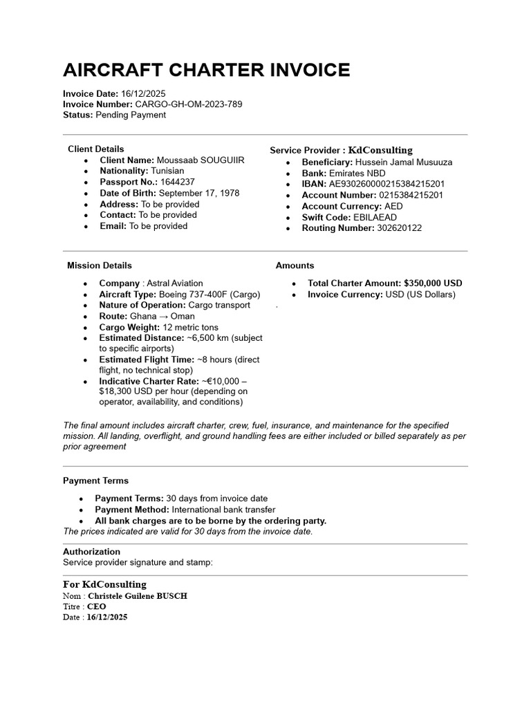 Aircraft Charter Invoice for Cargo Transport | PDF