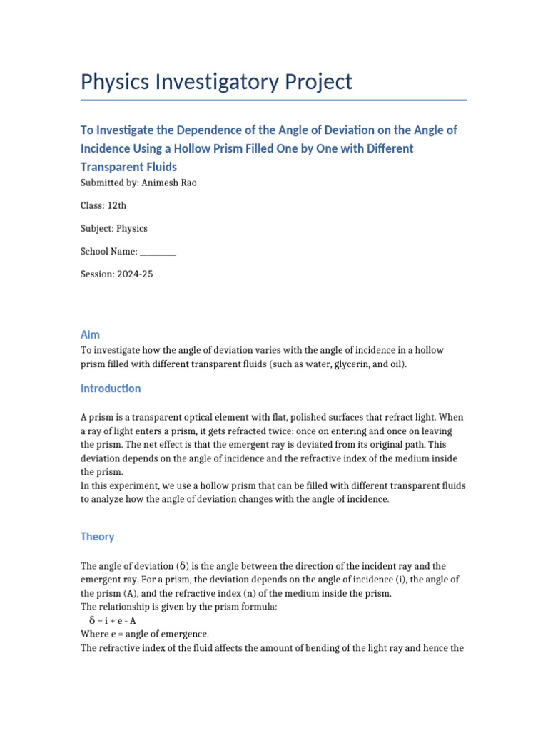 Angle Deviation in Hollow Prism Experiment | PDF | Refraction ...
