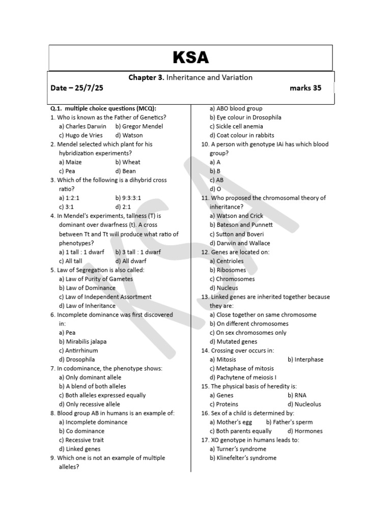 Inheritance and Variation MCQs Guide | PDF | Dominance (Genetics ...