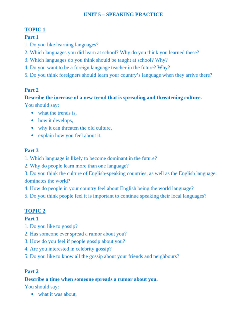 UNIT 5 - Speaking Practice | PDF