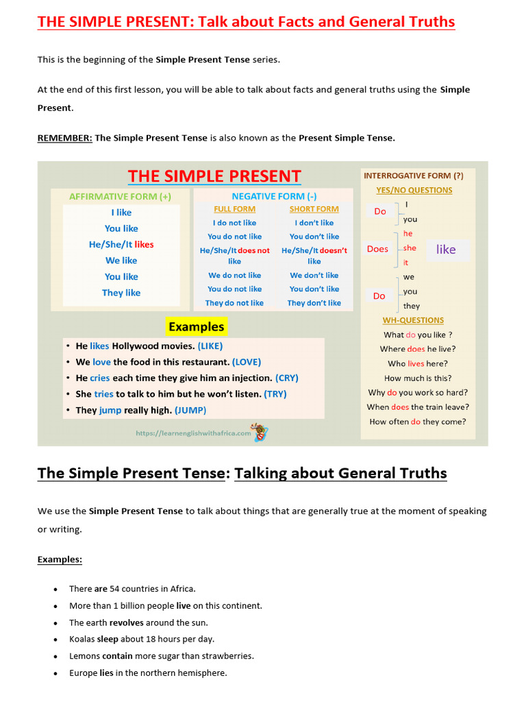 The SIMPLE PRESENT Talk About Facts and General Truths Learn English ...