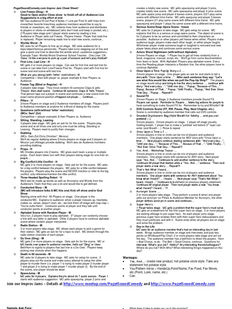 Improv Cheat Sheet 3.1 | PDF | Improvisational Theatre | Leisure