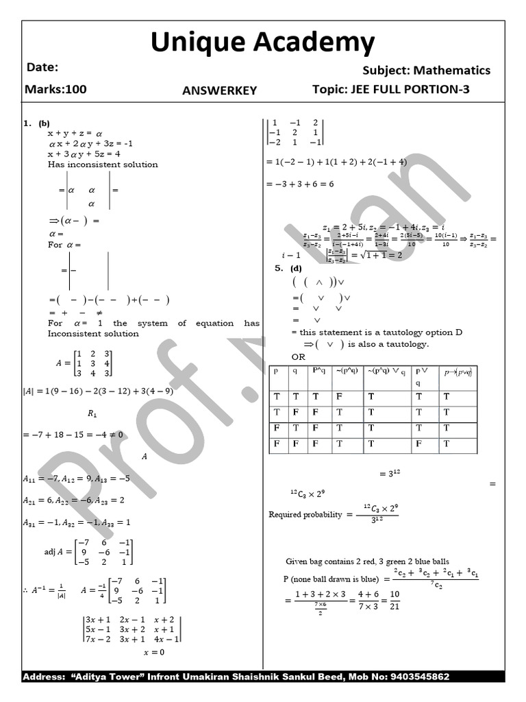 Math Answer Key for JEE Full Portion 3 | PDF | Chess | Chess Theory