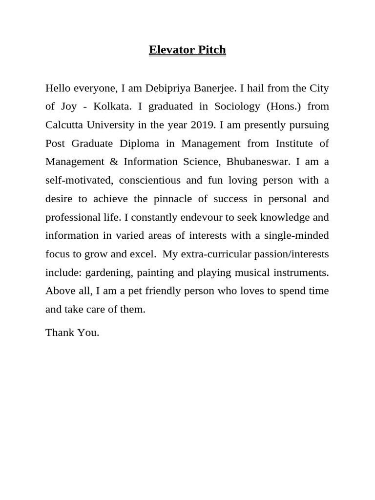 Elevator Pitch - Debipriya - Sample | PDF