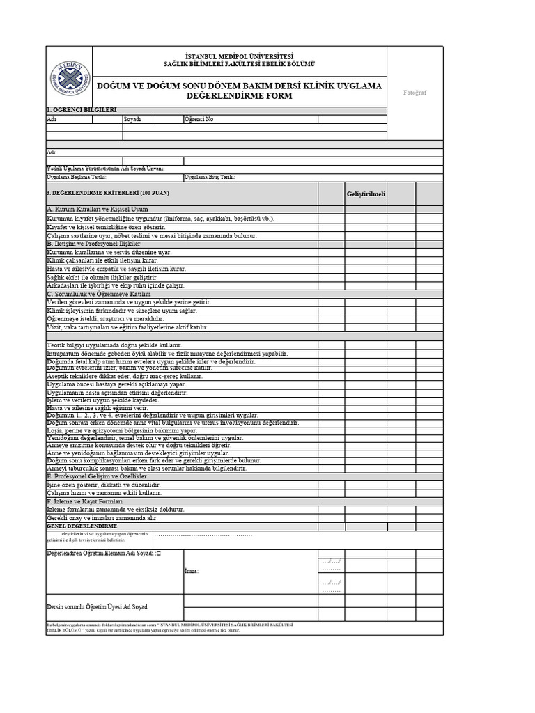 Form 007 Doğum Ve Doğum Sonu Bakim Uygulama Dersi̇ Değerlendi̇rme Formu ...