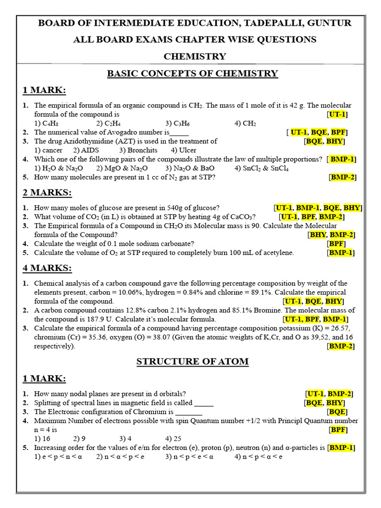 Chemistry Board Exam Questions | PDF | Acid | Molecules