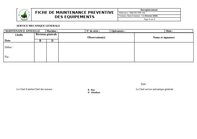 Fiche de Maintenance Préventive Équipements | PDF