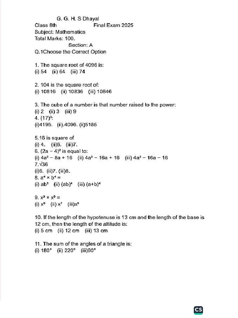 Class 8 Maths Paper | PDF