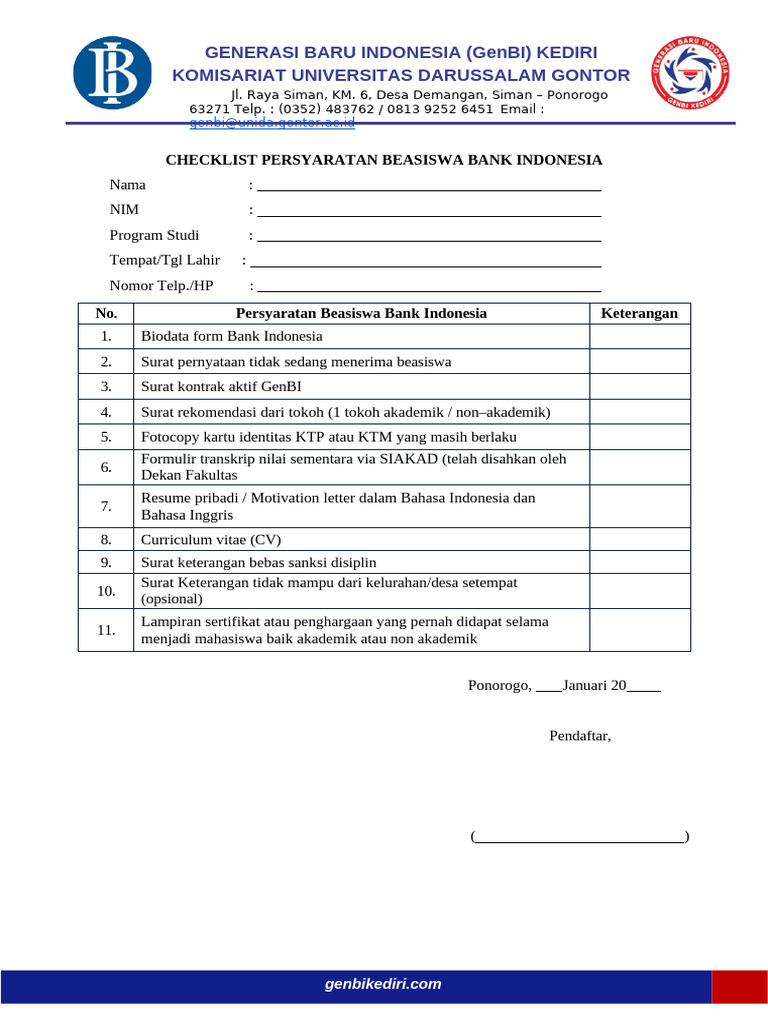 Persyaratan Beasiswa Bank Indonesia GenBI | PDF