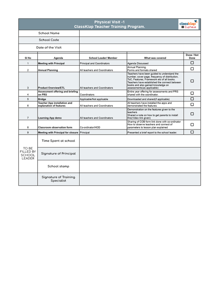 Physical Visit 1 Signoff Trainer Visit - New (Ay2324) | PDF | Teachers ...