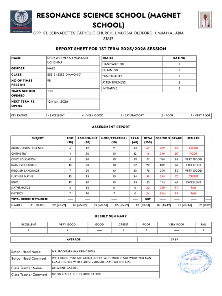 CHUKWUEMEKA EMMANUEL UCHENNA 2025_2026 1ST TERM RESULT (1) | PDF