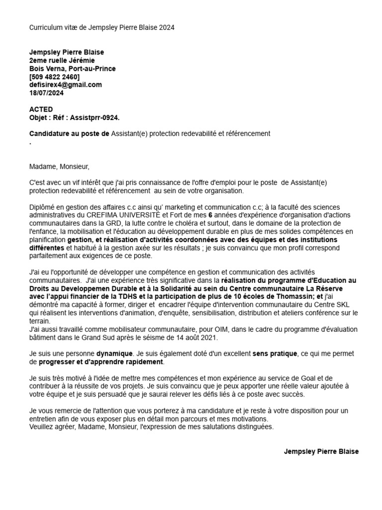 Candidature de Jempsley Pierre Blaise 2024 | PDF