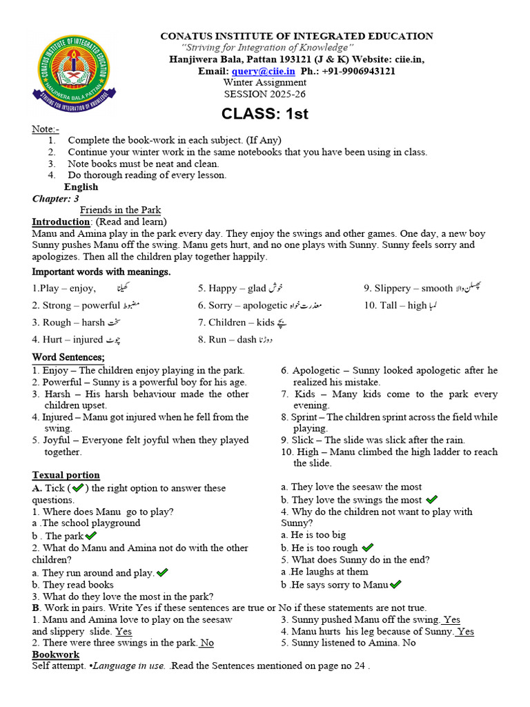 Winter Assignment for Class 1 Students | PDF | Plants | Trees