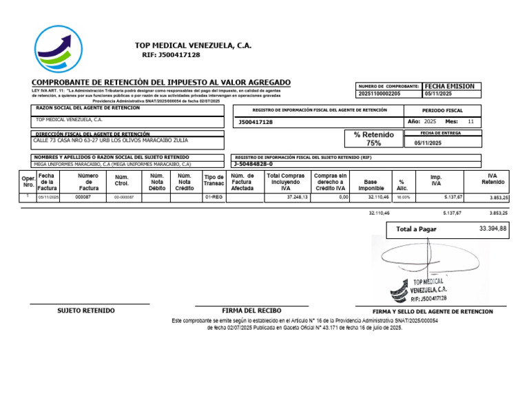 Ret 2025110000002205 Mega Uniformes | PDF | Factura | Impuesto al valor ...