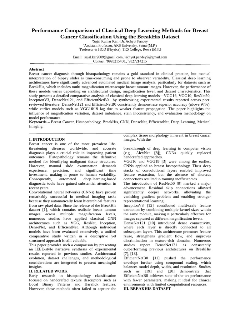 Performance Comparison of Classical Deep Learning Methods for Breast ...