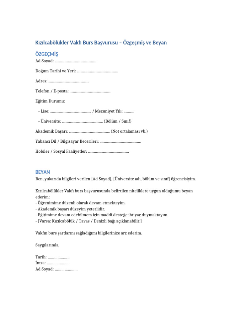 Kizilcabolukler Vakfi Burs Basvurusu | PDF