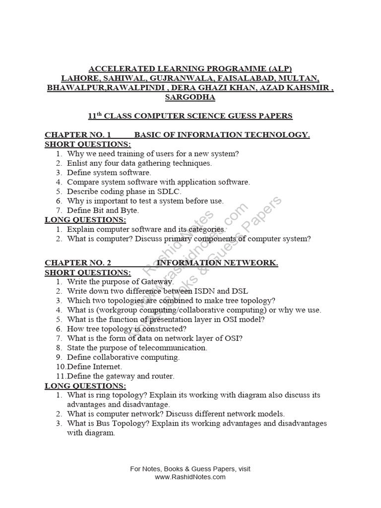 11th Class Computer Science Guess Papers | PDF | Computer Network ...