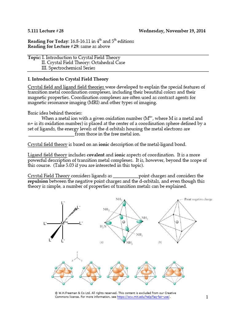 Introduction to Crystal Field Theory Lecture28 | PDF | Chemistry ...