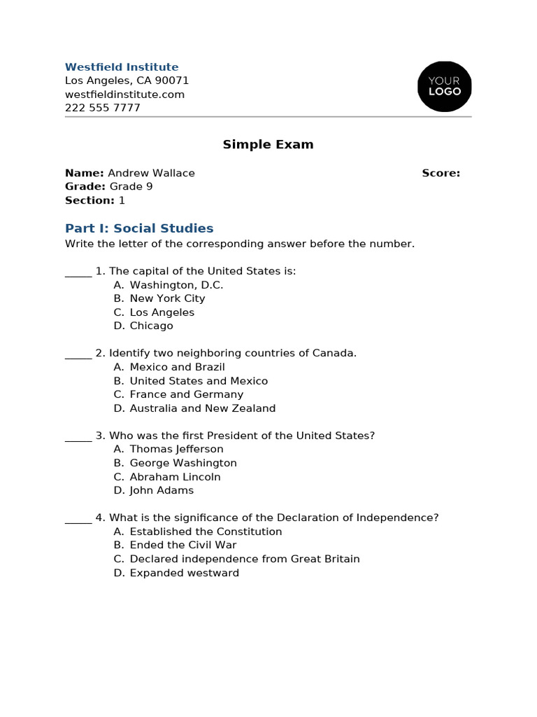 Simple Exam Template | PDF | The United States | Oceans