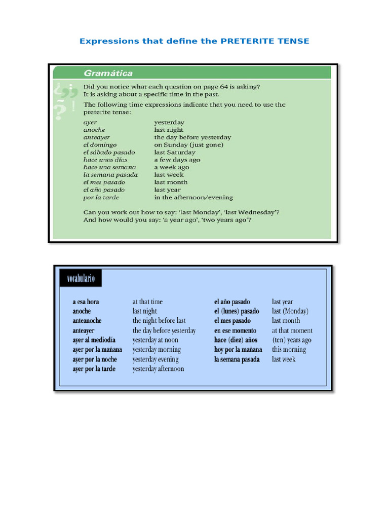 Expressions That Define the PRETERITE TENSE | PDF