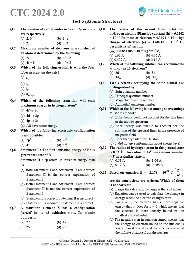 Title _ CTC Test 5 (Atomic Structure) 04.11.2023 _ | PDF | Atomic ...