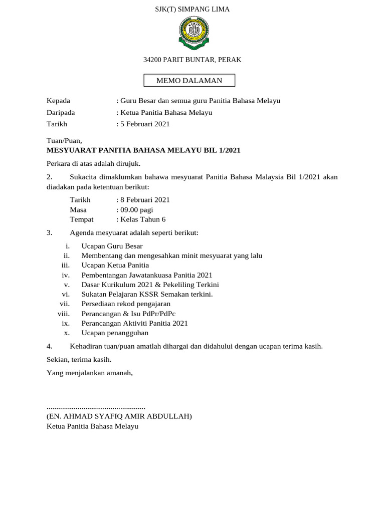 Memo Panggilan Mesyuarat 1 | PDF
