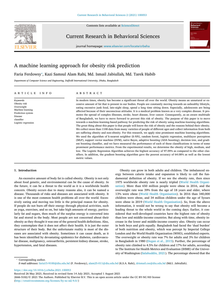 A Machine Learning Approach For Obesity Risk Prediction | PDF | Support ...