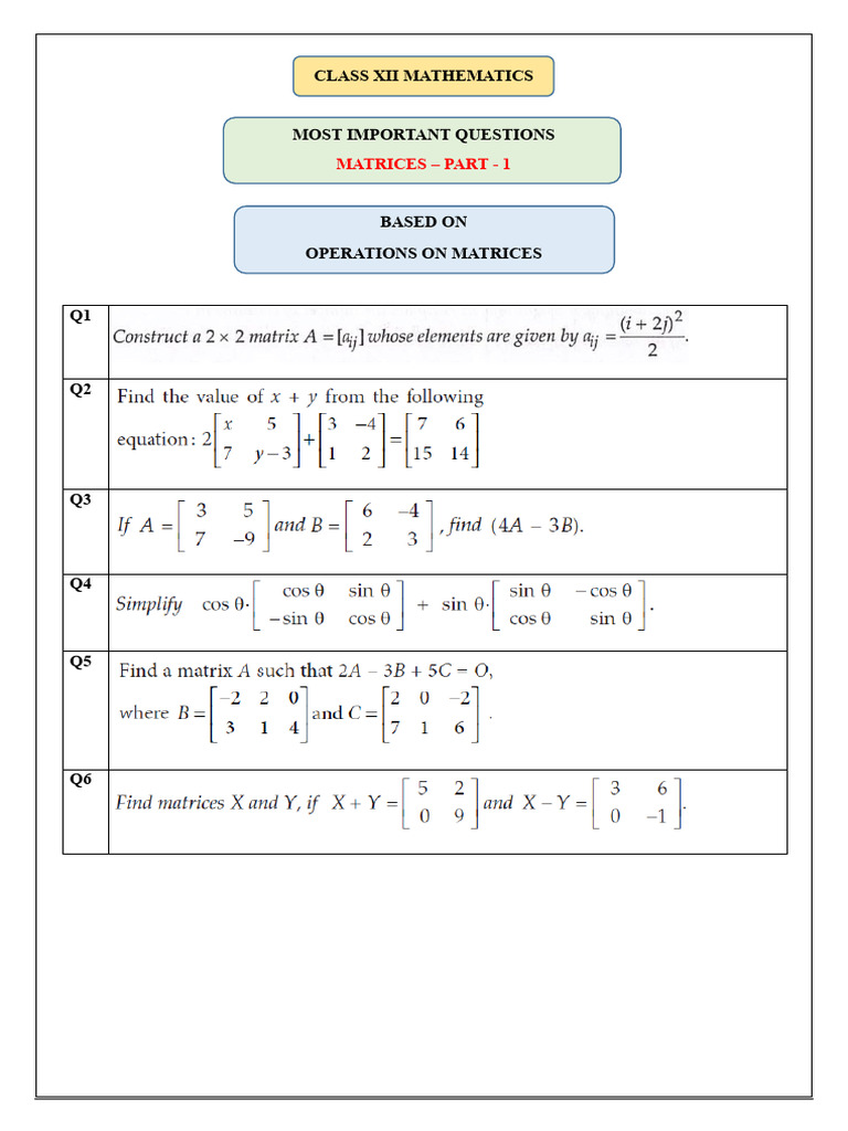 3q. Class Xii Maths - (Matrices) Most Important Questions (2025-26) | PDF