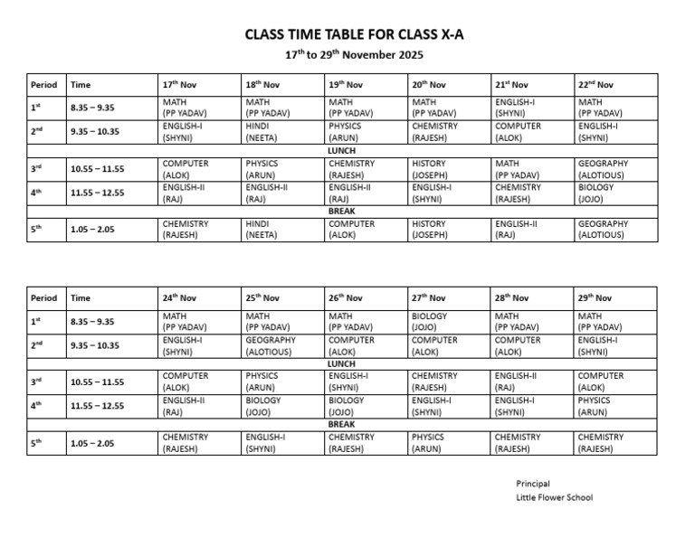 Class Time Table for Class X-A (17 to 29 Nov-2025) | PDF | Military ...