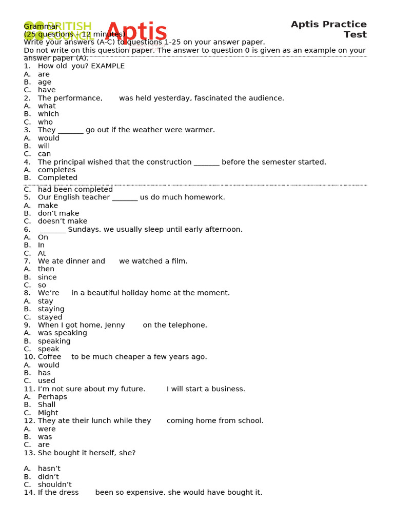 Aptis Grammar and Vocabulary Practice Test | PDF