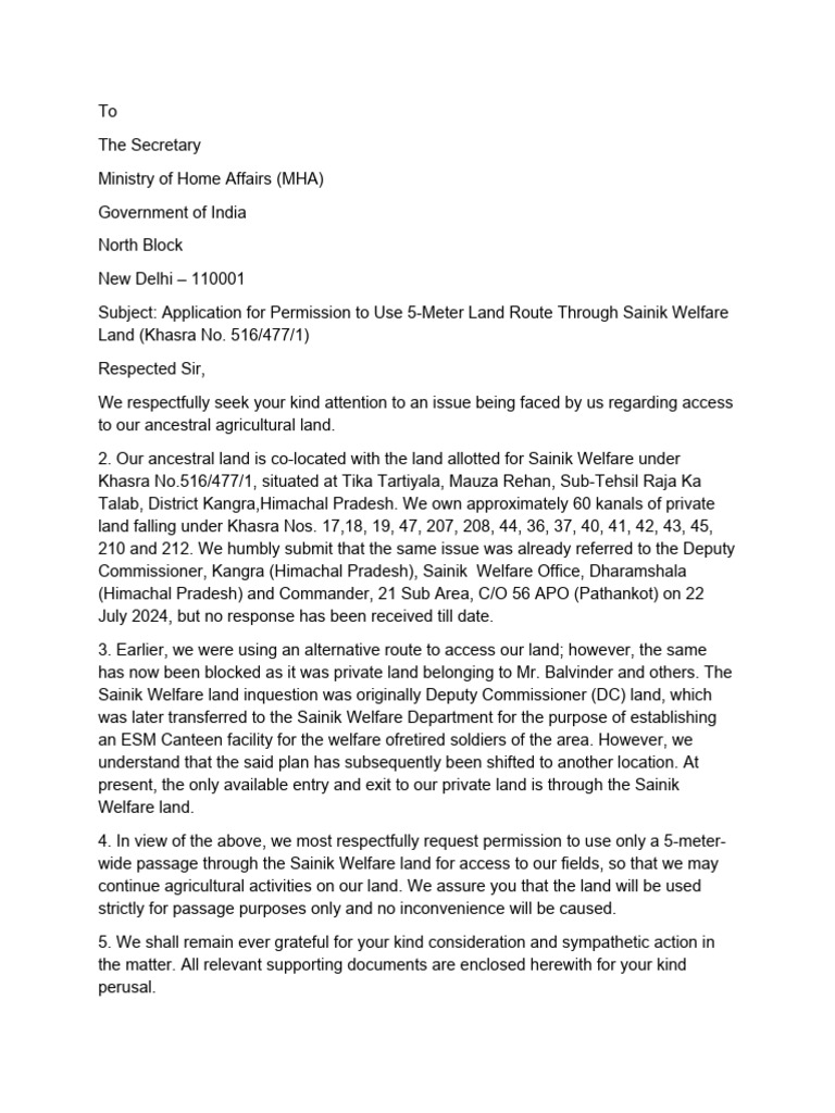 Request for 5-Meter Land Access Permission | PDF