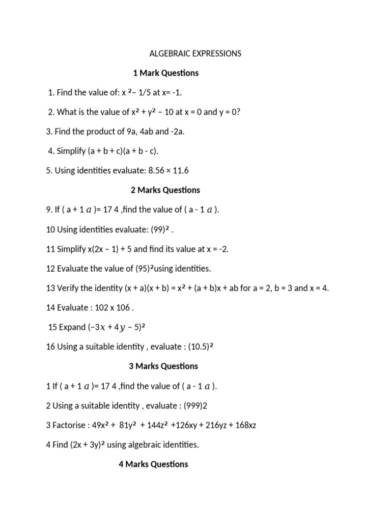 Algebraic Expressions Class 8 Cbse | PDF