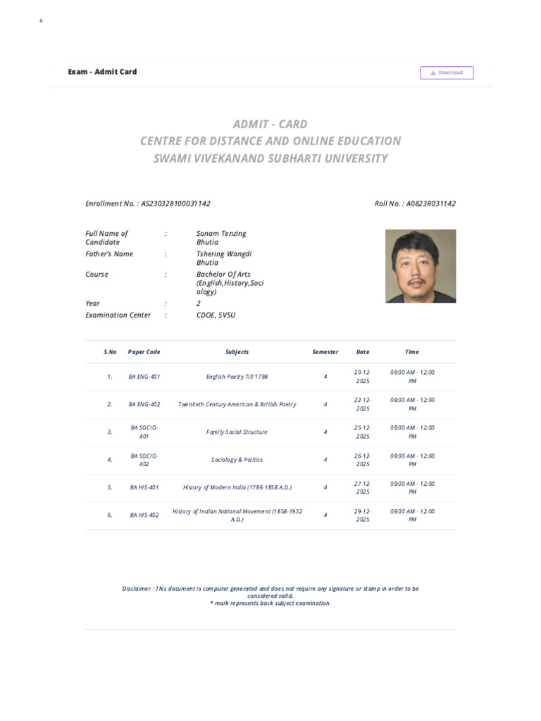 Exam - Admit Card _ Swami Vivekanand Subharti University (1) | PDF ...